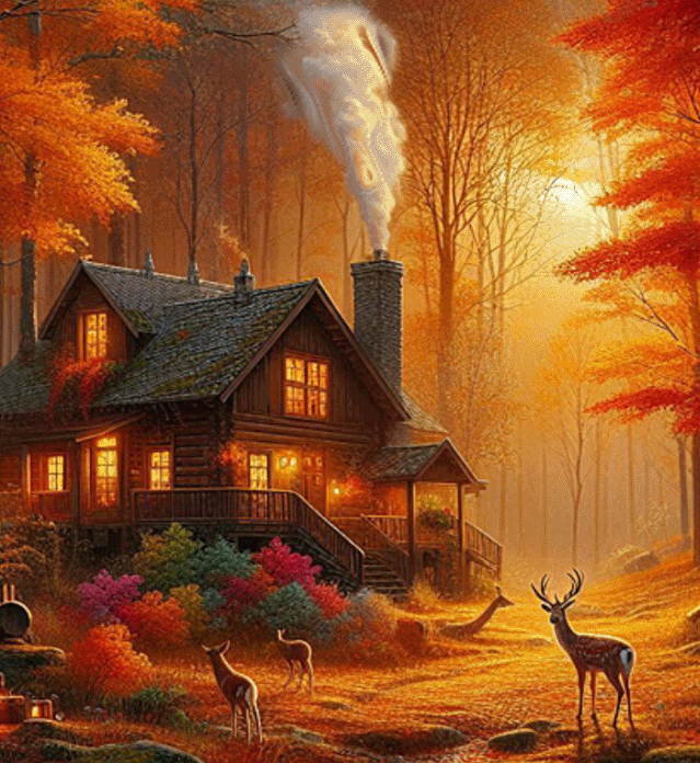 Autumn Cabin with fireplace smoke (in Animated GIFs)